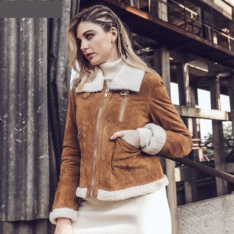 Brown Suede Sheepskin Shearling Fur Jacket for Women -The Leather Gems