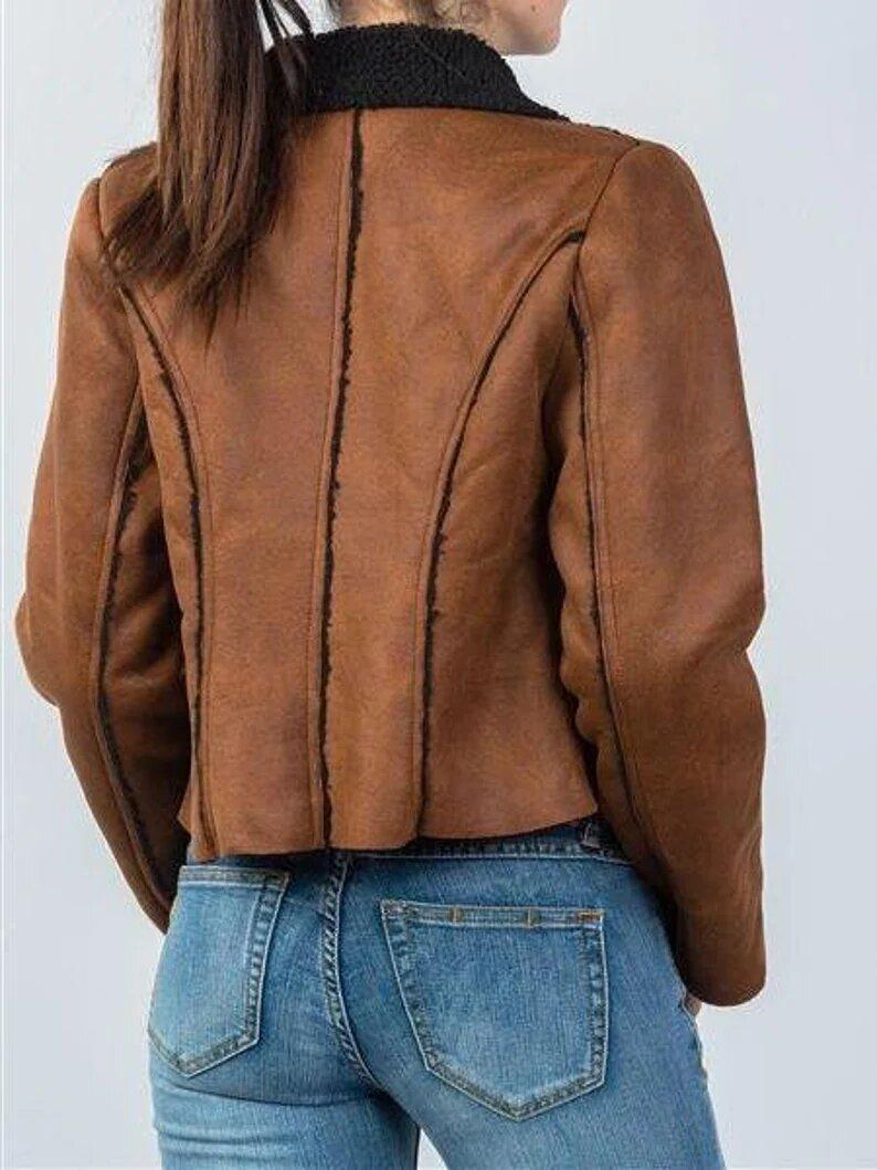Vintage Brown Suede Leather Jacket with Black Fur for Women-The Leather Gems